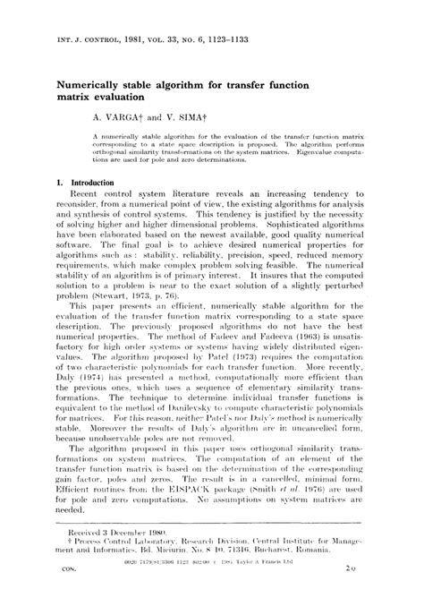 Pdf Numerically Stable Algorithm For Transfer Function Matrix Evaluation
