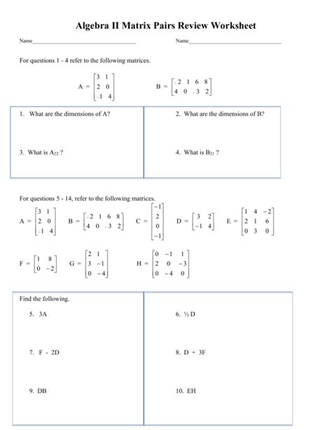 Matrices Worksheet With Answers Db Excel Com