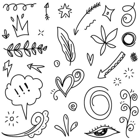 추상 화살표 리본 불꽃 놀이 마음 번개 사랑 잎 별 콘 크라운 및 개념 디자인에 대 한 손으로 그린 스타일의 다른 요소 낙서 그림 프리미엄 벡터