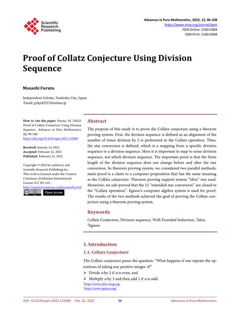 Pdf Proof Of Collatz Conjecture Using Division Sequence