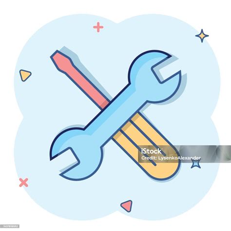 만화 스타일의 렌치와 드라이버 아이콘 흰색 고립 된 배경에 스패너 키 만화 벡터 그림 수리 장비 스플래시 효과 비즈니스 개념 강철에 대한 스톡 벡터 아트 및 기타 이미지