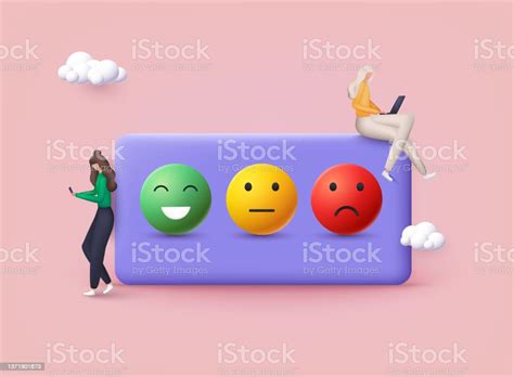 피드백을 주는 캐릭터 벡터 고객 검토 개념입니다 빨간색 주황색 노란색 및 녹색 이모티콘의 등급 척도입니다 좋은 나쁜 속도와 텍스트와 별 리뷰 3d 웹 벡터 일러스트레이션