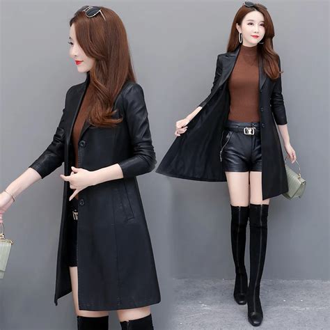 새로운 가을 여자 가죽 자켓 긴 여성 가죽 코트 슬림 패션 펑크 여성 오토바이 의류 가짜 가죽 코트 봄 가죽 And 스웨드 Aliexpress