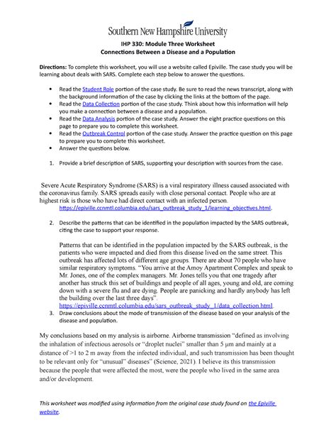 IHP 330 Module Three Worksheet 2 IHP 330 Module Three Worksheet Connections Between A Disease