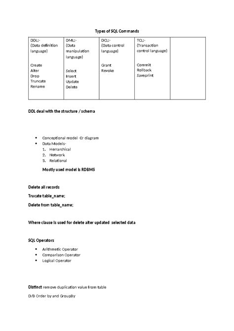 dbms viva notes types of sql commands ddl data definition language create alter drop