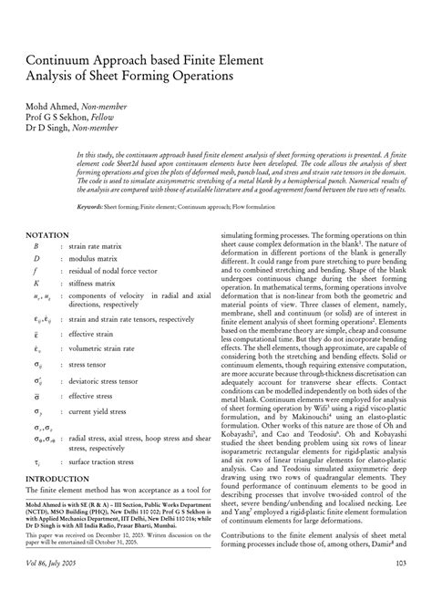 Pdf Continuum Approach Based Finite Element Analysis Of Sheet Forming Operations