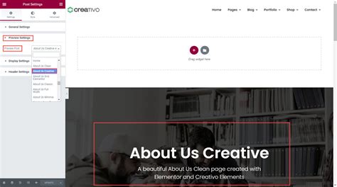 Previewing The Header Layout On A Page With Elementor Creativo Documentation