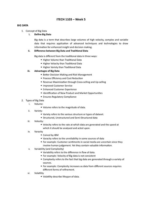 Itech1103 Week 5 Notes Itech 1103 Week 5 Big Data 1 Concept Of