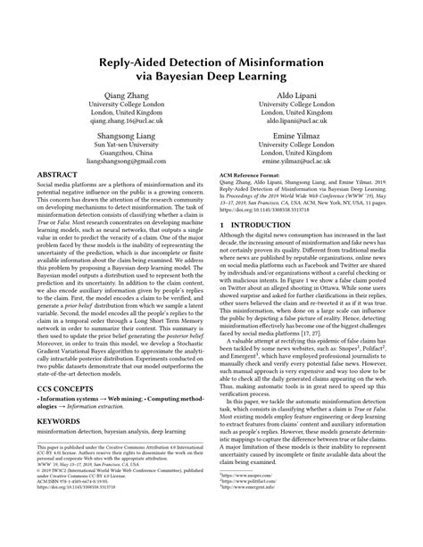 Pdf Reply Aided Detection Of Misinformation Via Bayesian Deep Learning