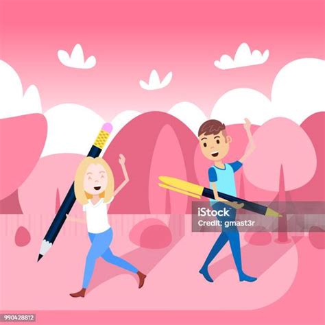 남자 여자 캐릭터 연필 펜 서식 파일 디자인 작업 및 애니메이션에 대 한 이상 보유 핑크 풍경 배경 전체 길이 플랫 검은색에 대한 스톡 벡터 아트 및 기타 이미지 Istock