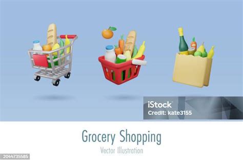 온라인 식료품 쇼핑 세트입니다 식료품으로 가득 찬 쇼핑 바구니 가방 및 트롤리 카트 광고 및 비즈니스 마케팅을 위한 요소 3d 벡터 3차원 형태에 대한 스톡 벡터 아트 및