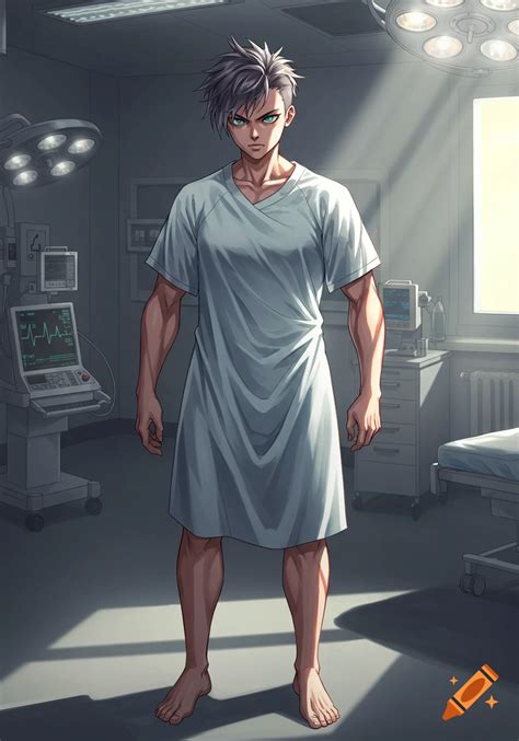 Anime Character With Spiky Gray Hair And Teal Eyes Standing In A