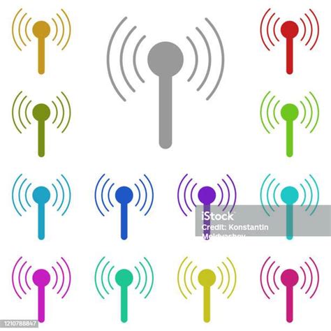 안테나 아이콘을 여러 가지 색상으로 표시합니다 Ui 및 Ux 웹 사이트 또는 모바일 응용 프로그램에 대한 기술 세트의 간단한 글리프 벡터 0명에 대한 스톡 벡터 아트 및
