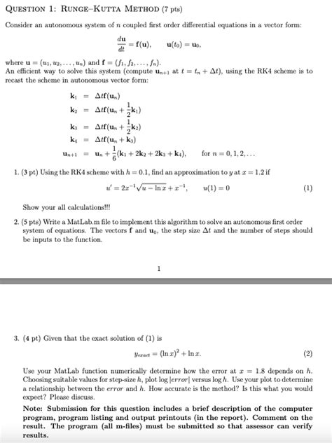 Solved Question 1 Runge Kutta Method 7 Pts Consider An