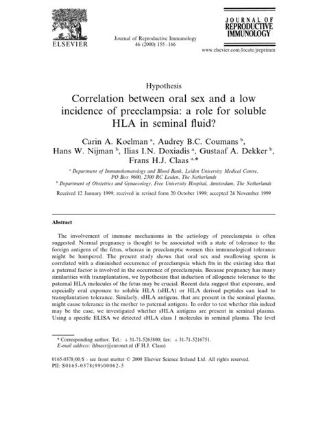 Correlation Between Oral Sex And A Low Incidence Of Preeclampsia A