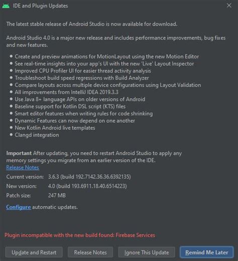 Android Plugin Incompatible With The New Build Found Firebase Services ¿puedo Actualizar