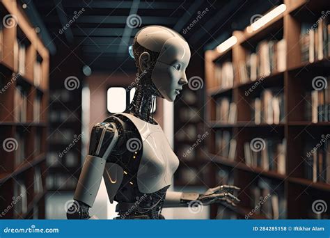 3d Rendering Humanoid Robot In Library With Bookshelves On Background Futuristic Ai Robot