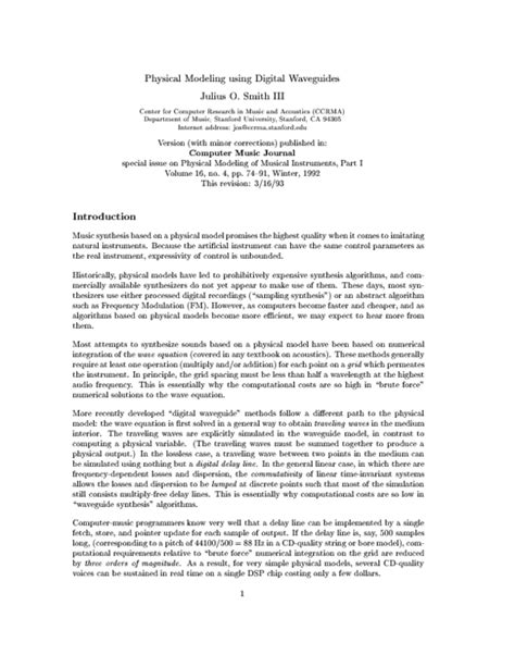 Pdf Physical Modeling Using Digital Waveguides