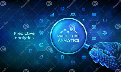 Predictive Analytics Concept With Magnifier In Wireframe Hand And Icons