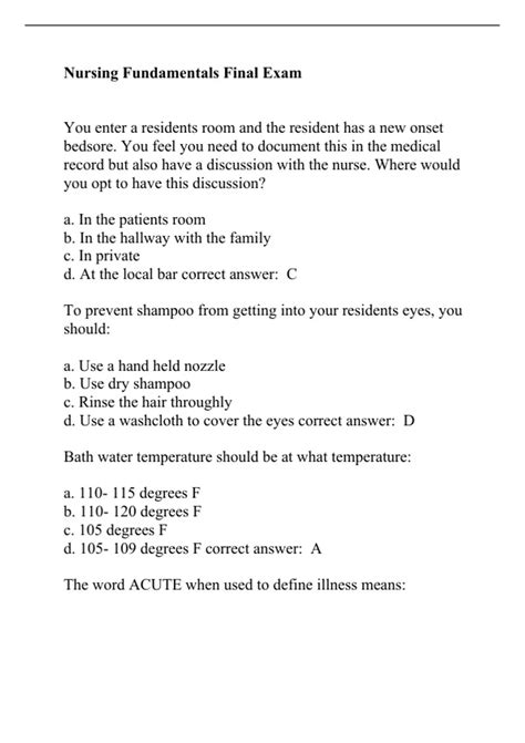 Nursing Fundamentals Final Exam Questions With Complete Solutions Nursing Fundamentals Stuvia Us