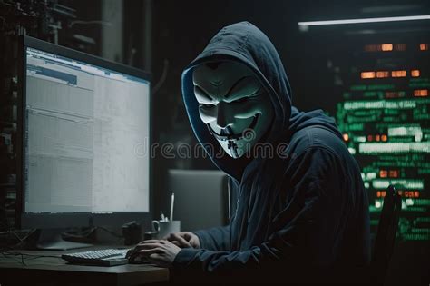 Hooded Hacker With Mask Using Laptop Break Or Attack Into Data Server