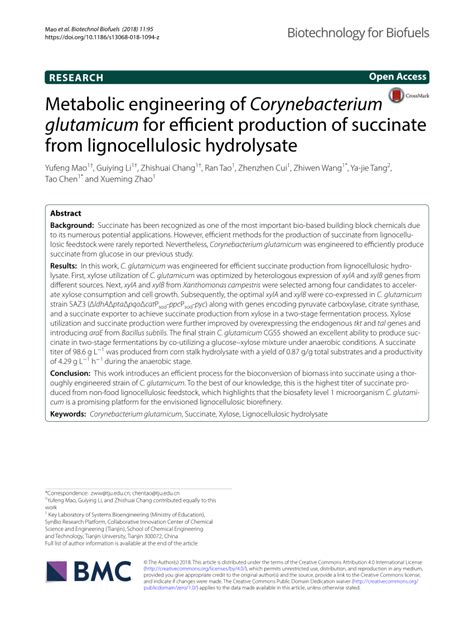 Pdf Metabolic Engineering Of Corynebacterium Glutamicum For Efficient Production Of Succinate