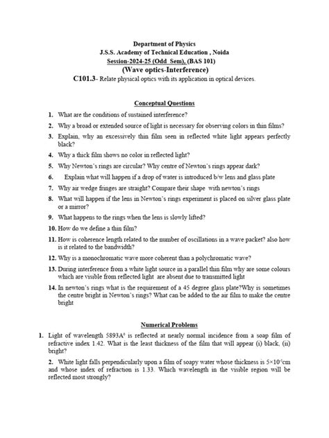 Interference Assignment Pdf Refractive Index Light