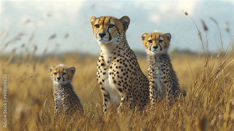 Mother Cheetah With Her Two Cubs Sitting On Tall Savanna Grasses