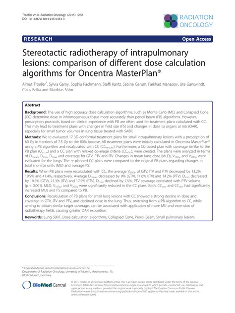 Pdf Stereotactic Radiotherapy Of Intrapulmonary Lesions Comparison Of Different Dose