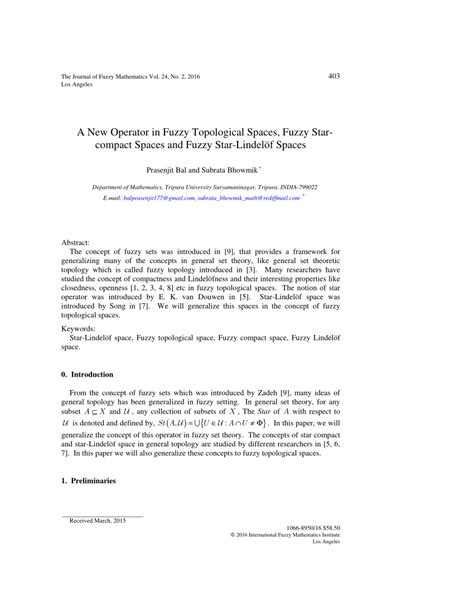 Pdf A New Operator In Fuzzy Topological Spaces Fuzzy Starcompact Sapces And Fuzzy Star