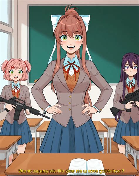 Anime Girl With Guns Standing In Front Of A Classroom With Other Girls