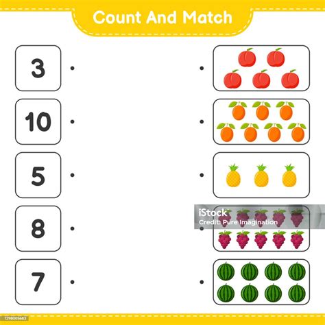 수계산 및 일치 과일의 수를 계산하고 오른쪽 숫자와 일치합니다 교육 어린이 게임 인쇄 워크 시트 벡터 일러스트레이션 0명에 대한 스톡 벡터 아트 및 기타 이미지 Istock