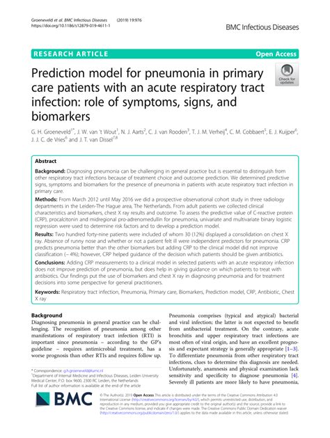 Pdf Prediction Model For Pneumonia In Primary Care Patients With An Acute Respiratory Tract