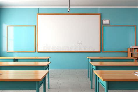 A Classroom With Tables And Many Empty Whiteboards On The Walls Stock Illustration