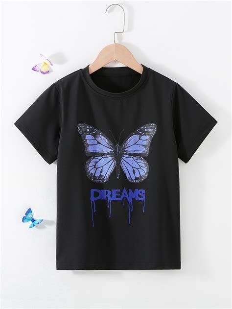 بنات تي شيرت عبارة وفراشة طباعة