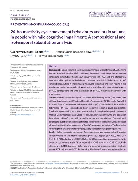 Pdf 24‐hour Activity Cycle Movement Behaviours And Brain Volume In People With Mild Cognitive