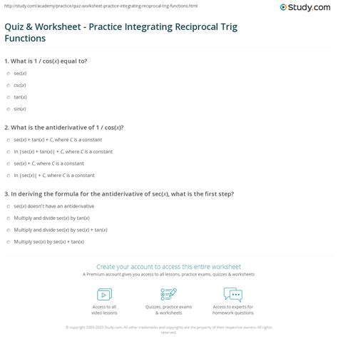 Quiz And Worksheet Practice Integrating Reciprocal Trig Functions
