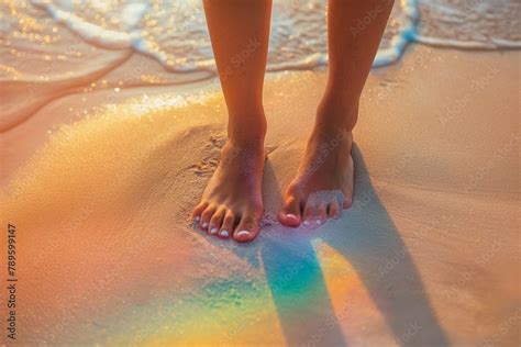 Womens Bare Feet On The Sand The Grains Of Sand Shine Colorfully In