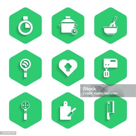 셰프 모자 도마와 칼 고기 다지기 전기 믹서 주걱 프라이팬 그릇이 있는 주방 거품기 스톱워치 아이콘을 설정합니다 벡터 개인 장식품에 대한 스톡 벡터 아트 및 기타 이미지