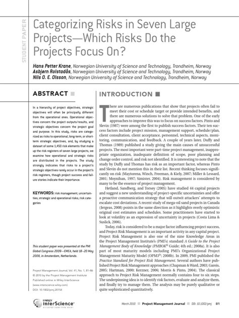 Categorizing Risks In Seven Large Projects Which Risks Do The Projects Focus On Pdf