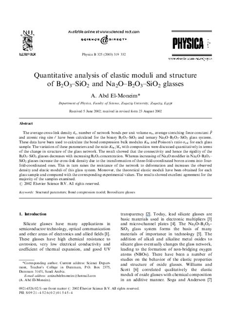 Pdf Quantitative Analysis Of Elastic Moduli And Structure Of B2o3sio2 And Na2ob2o3sio2 Glasses