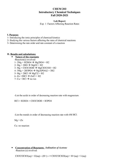 Lab Report Exp Factors Affecting Reaction Rates With Data CHEM