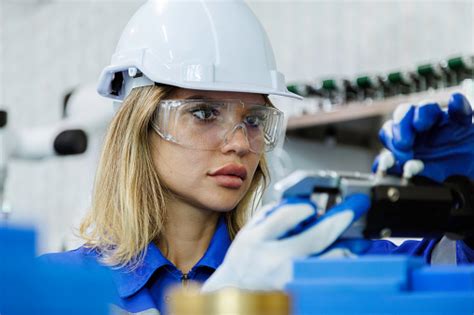 여성 자동화 기계 엔지니어 학생 연구 및 검사 제어 로봇 팔 기계 대학 또는 공장 작업장 Ai 로봇 기술 인더스트리 50