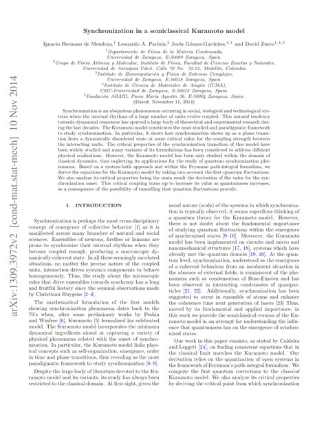 Pdf Synchronization In A Semiclassical Kuramoto Model