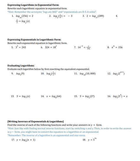 Solved Expressing Logarithms In Exponential Form Rewrite Chegg Com