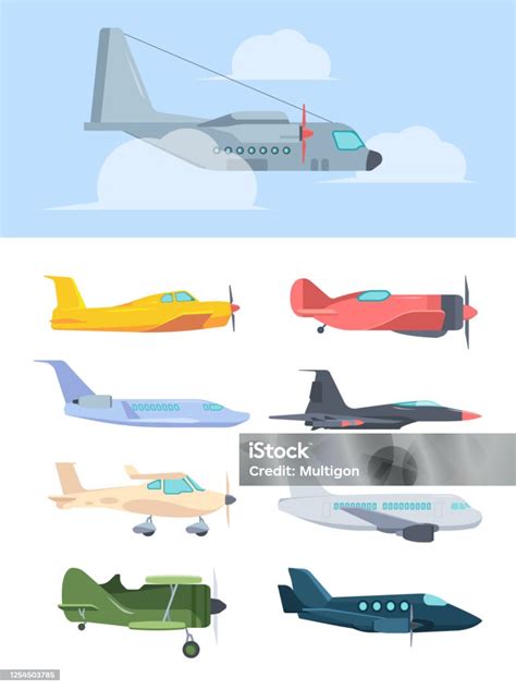 비행기 세련된 세트 큰 여객기 화물 비행기 복고풍 프로펠러 옥수수 초강력 전투 전투기 작은 고속 개인 제트 골프 스트림 소형 훈련 항공기 색상 만화 벡터 관광에 대한 스톡