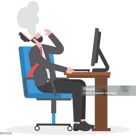 사무실에서 연기가 뿜어져 나오는 책상에 앉아 지친 사업가 비즈니스 스트레스 개념 개념에 대한 스톡 벡터 아트 및 기타 이미지 개념 개념과 주제 과로 Istock