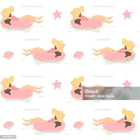 손으로 그린 추상적인 귀여운 여름 원활한 벡터 패턴 배경 그림 핑크 풍선 서클에 수영 하는 해변 소녀 수영장 플로트에 대한 스톡
