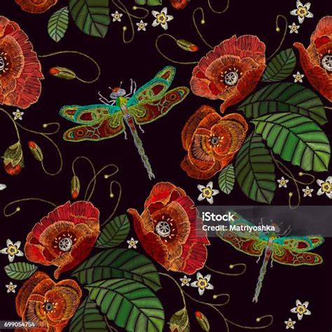 자 수 양 귀 비와 잠자리 서식 파일 벡터 클래식 자 수 패턴 잠자리와 꽃 모란 옷의 디자인에 대 한 세련 된 템플릿 잠자리에 대한 스톡 벡터 아트 및 기타 이미지 Istock