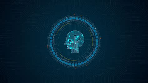 파란색 디지털 로봇 머리 로고와 원형 미래 지향적 Hud 요소 인공 지능 챗봇 및 기계 학습 기술 및 회로 기판에 인공 지능 지원 개념 추상 배경 5g에 대한 스톡 사진 및